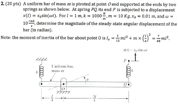 SOLVED: A uniform bar of mass m is pivoted at point O and supported at ...