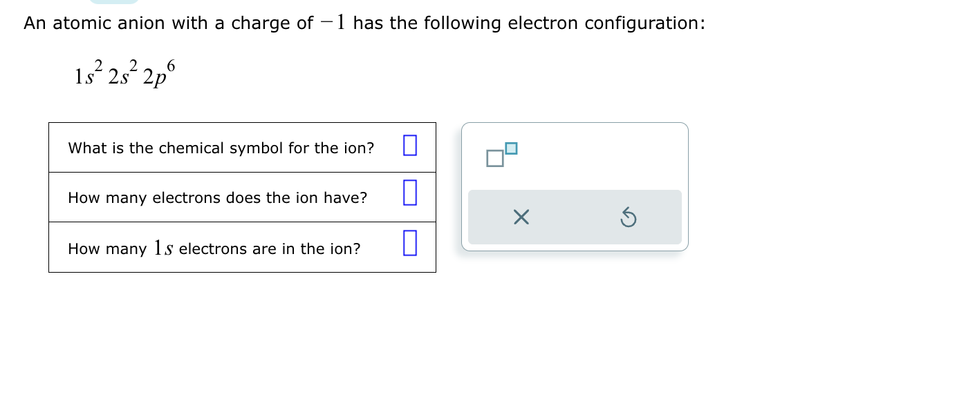 SOLVED: An atomic anion with a charge of -1 has the following electron ...