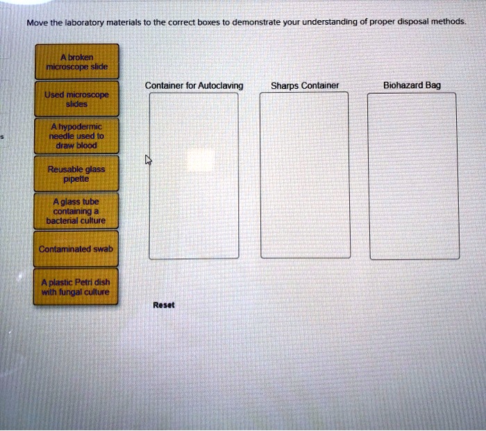 move the laboratory materials to the correct boxes to demonstrate your ...