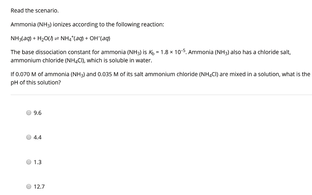 read the scenario ammonia nh3 ionizes according to the following ...
