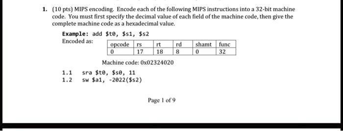 SOLVED: need detailed steps and calculations 1.10 ptsMIPS encoding.Encode each of the following ...