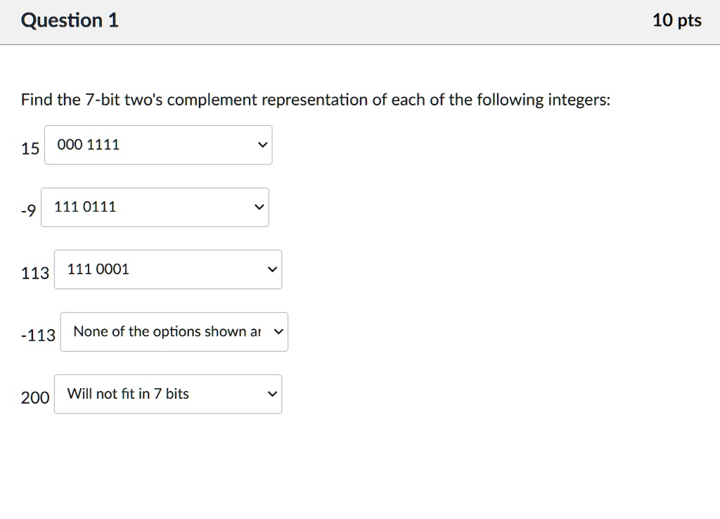 SOLVED: Question 1 10 pts Find the 7-bit two's complement ... SOLVED: Question 1 10 pts Find the 7-bit two's complement ...