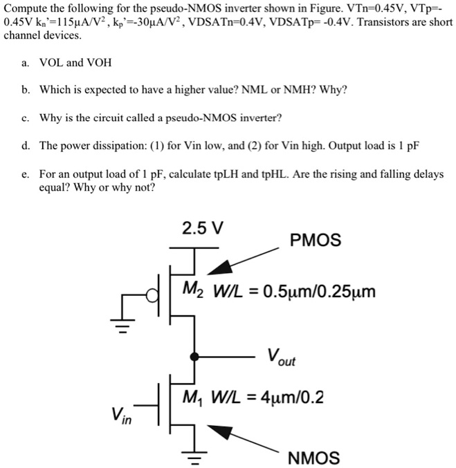 SOLVED: Compute the following for the pseudo-NMOS inverter shown in Figure. VTn=0.45V,VTp= 0.45V ...