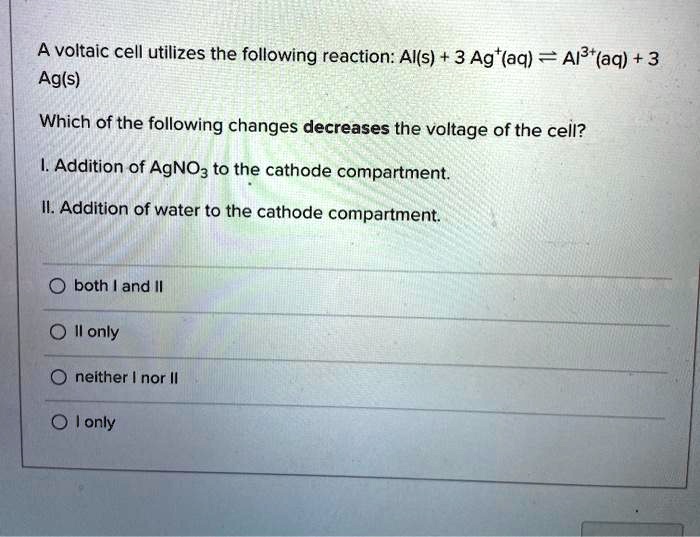 SOLVED: A voltaic cell utilizes the following reaction: Alls) + 3 Agt ...