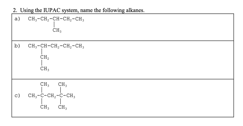SOLVED: 2. Using the IUPAC system,name the following alkanes a) CH-CH-CH-CH2-CH CH3 b) CH3-CH-CH ...