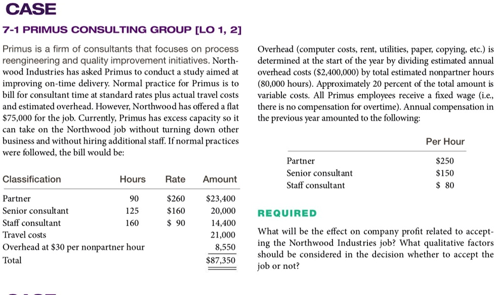 CASE 7-1 PRIMUS CONSULTING GROUP [LO 1, 2] Primus is a firm of consultants that focuses on ...