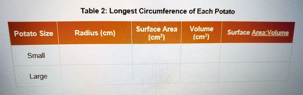 table 2 longest circumference of each potato potato size radius cm ...