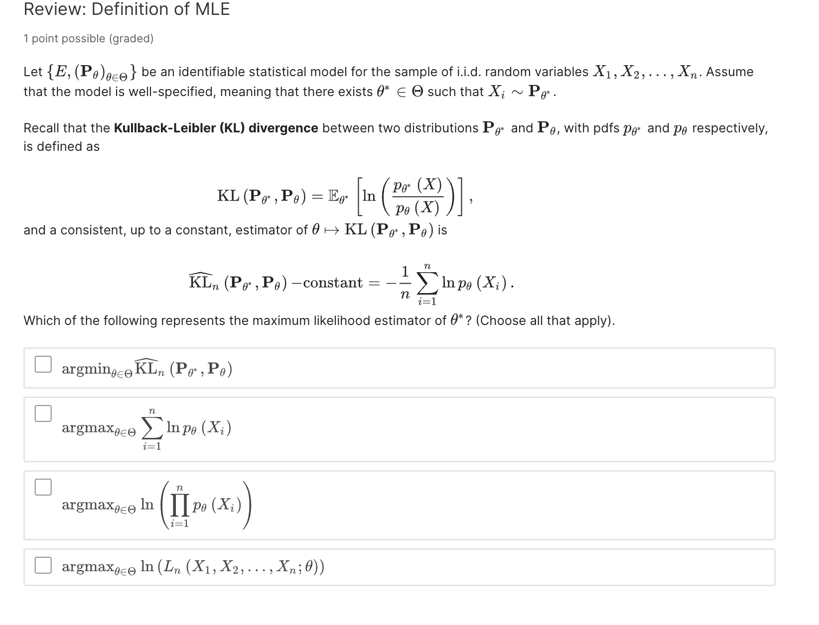 SOLVED: Review: Definition of MLE 1 point possible (graded) Let {E,(𝐏θ ...
