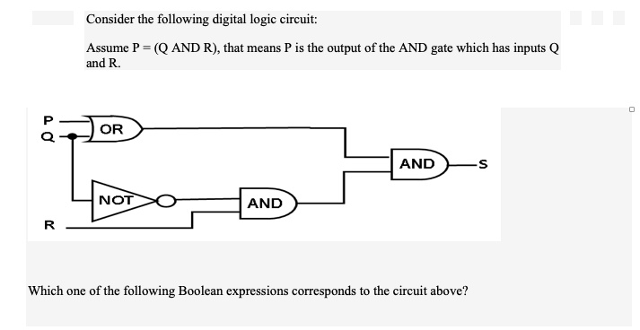 Consider the following digital logic circuit: Assume P = (Q AND R), that means P is the output ...