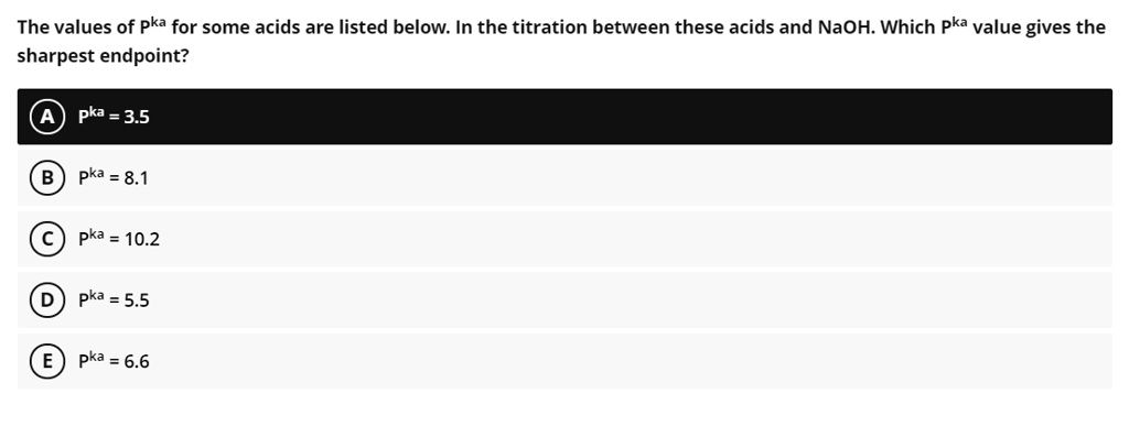 SOLVED: The values of Pka for some acids are listed below: In the titration between these acids ...