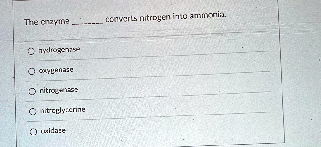 SOLVED: The enzyme converts nitrogen into ammonia. hydrogenase ...