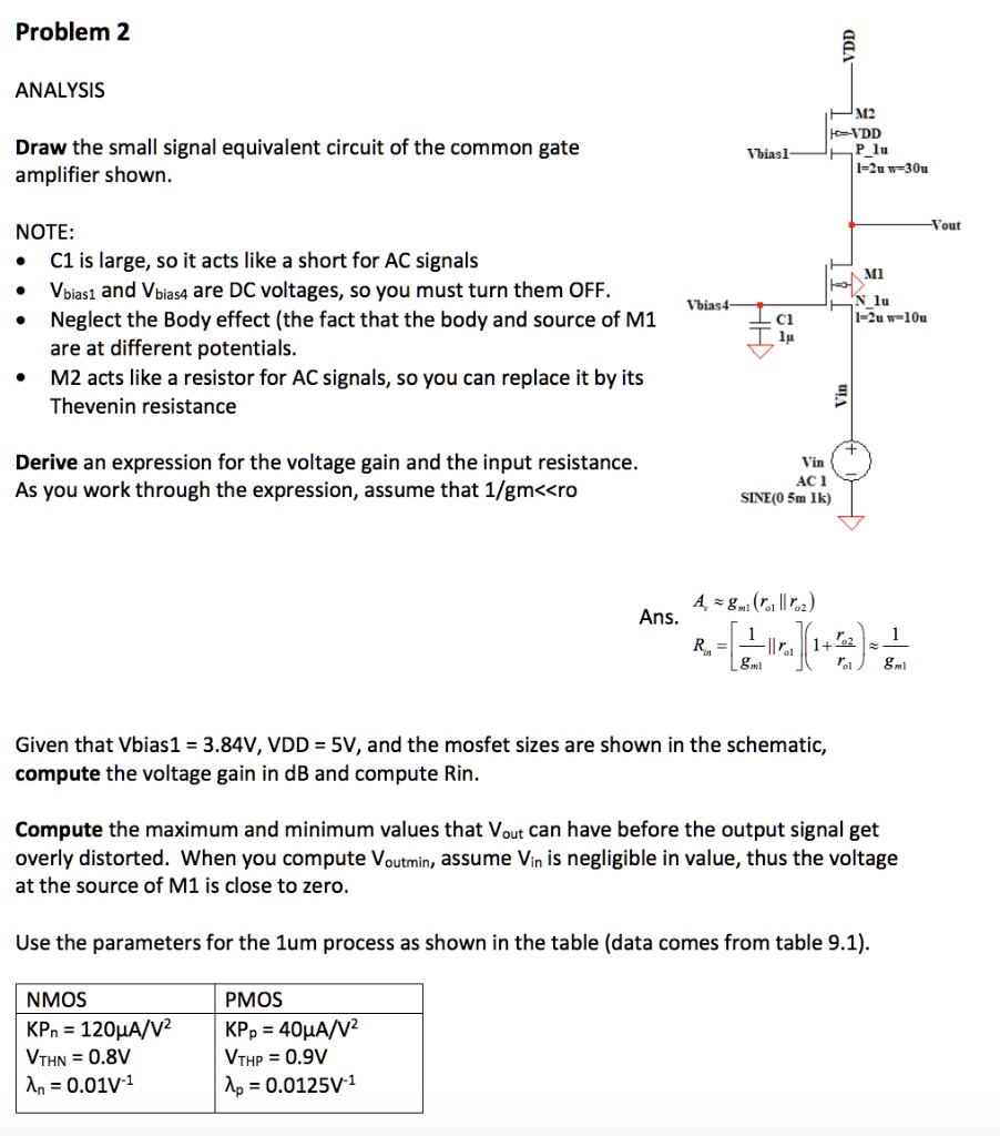 Problem 2 ANALYSIS Draw the small signal equivalent circuit of the common gate amplifier shown ...