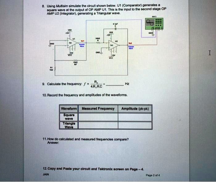 Solved 8 Using Multisim Simulate The Circuit Shown Below U1 Comparator Generates A Square