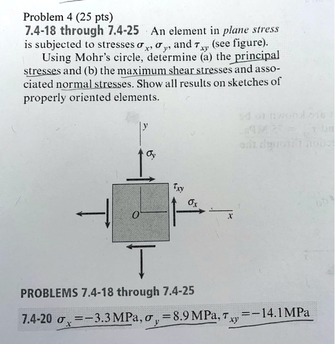 SOLVED: Problem 4 (25 pts) 7.4-18 through 7.4-25: An element in plane stress. Using Mohr's ...