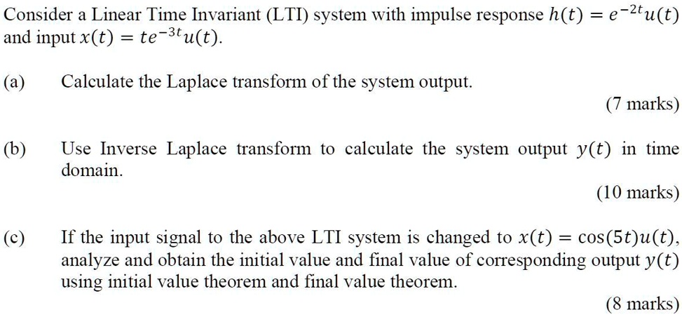 Consider a Linear Time Invariant (LTI) system with impulse response h(t) = e^-2tu(t) and input x ...