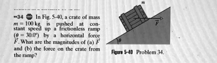 In Fig. 5-40, a crate of mass m = 100 kg is pushed at constant speed up a frictionless ramp Î ...