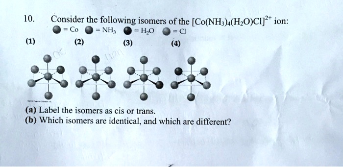 SOLVED: Consider the following isomers of the [Co(NH3)(H2O)Cl]+ ion ...