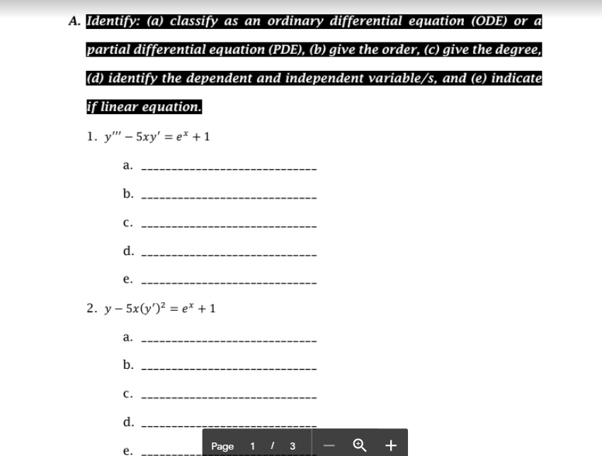 a identify a classify as an ordinary differential equation ode or ...
