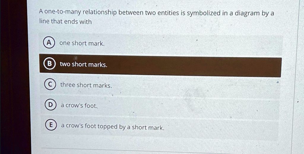 SOLVED: A one-to-many relationship between two entities is symbolized ...