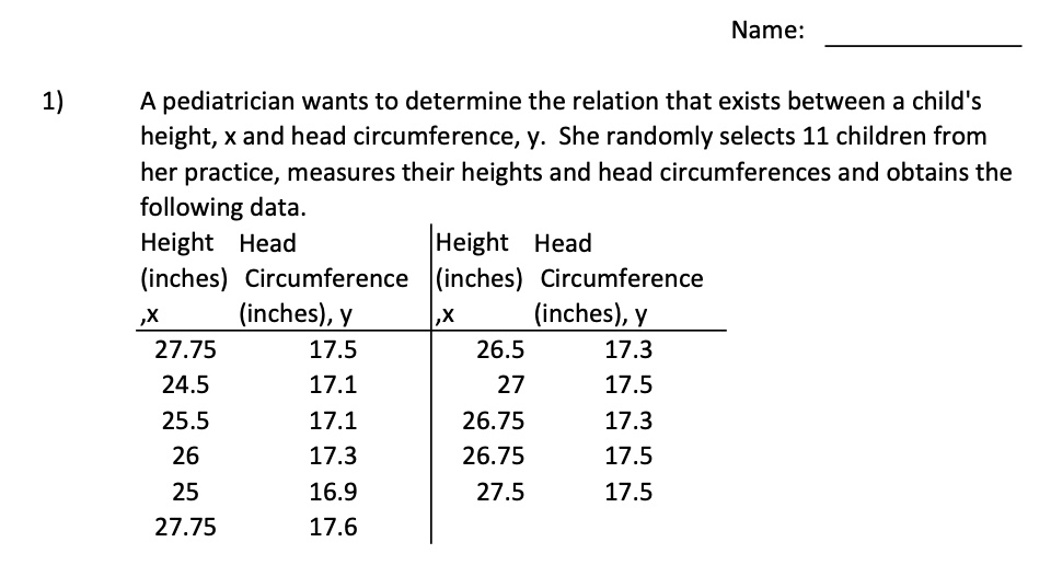 1) Name: A pediatrician wants to determine the relation that exists between a child's height, x ...