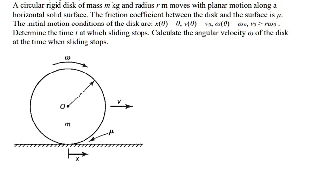SOLVED: A circular rigid disk of mass m kg and radius r m moves with planar motion along a ...