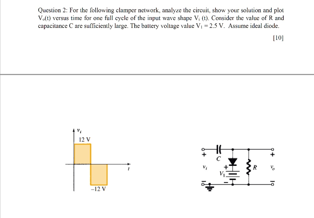 SOLVED: For the following clamper network, analyze the circuit, show your solution and plot Vo(t ...