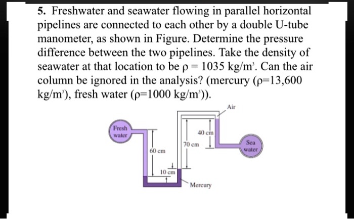 SOLVED: Freshwater and seawater flowing in parallel horizontal pipelines are connected to each ...