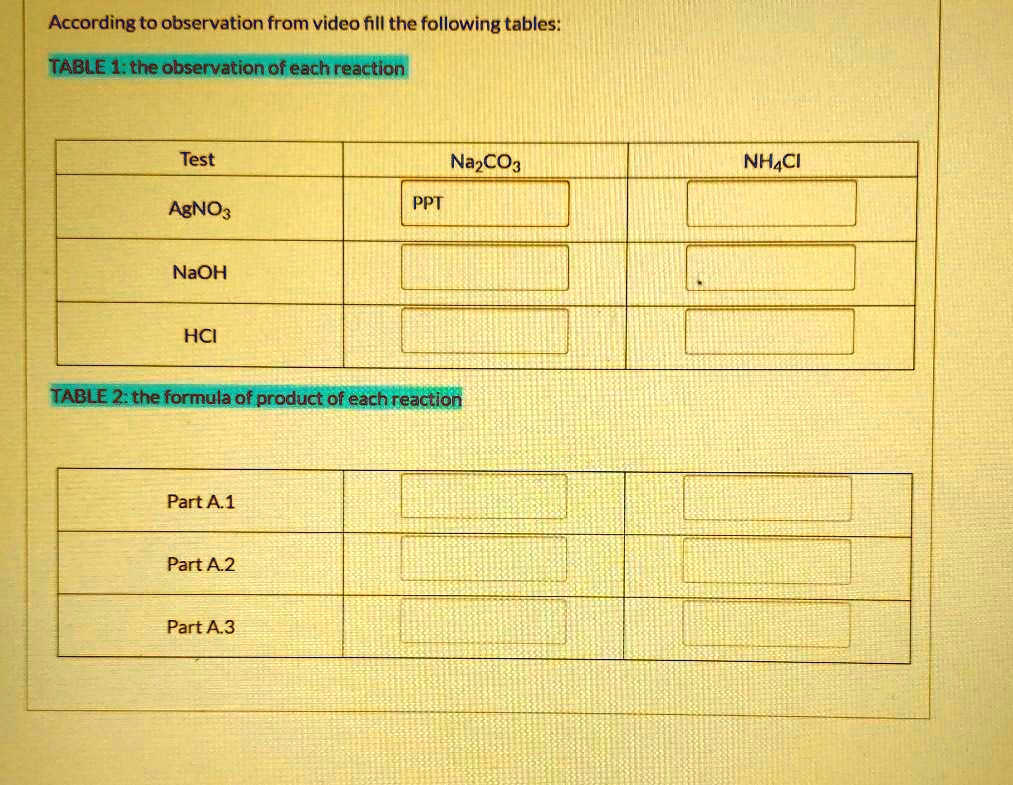 According to observations from the video, fill in the following tables ...