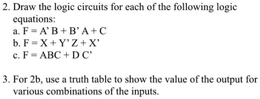 SOLVED: Draw the logic circuits for each of the following logic equations: F = A' B + B'A + C F ...