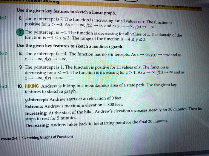 Use the given key features to sketch a linear graph. The y-intercept is ...