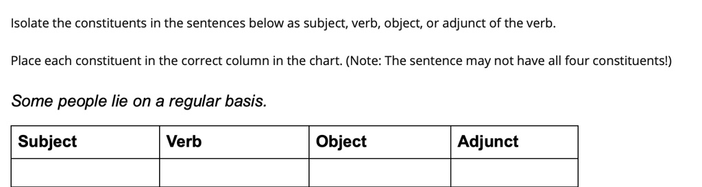 SOLVED: Isolate the constituents in the sentences below as subject ...