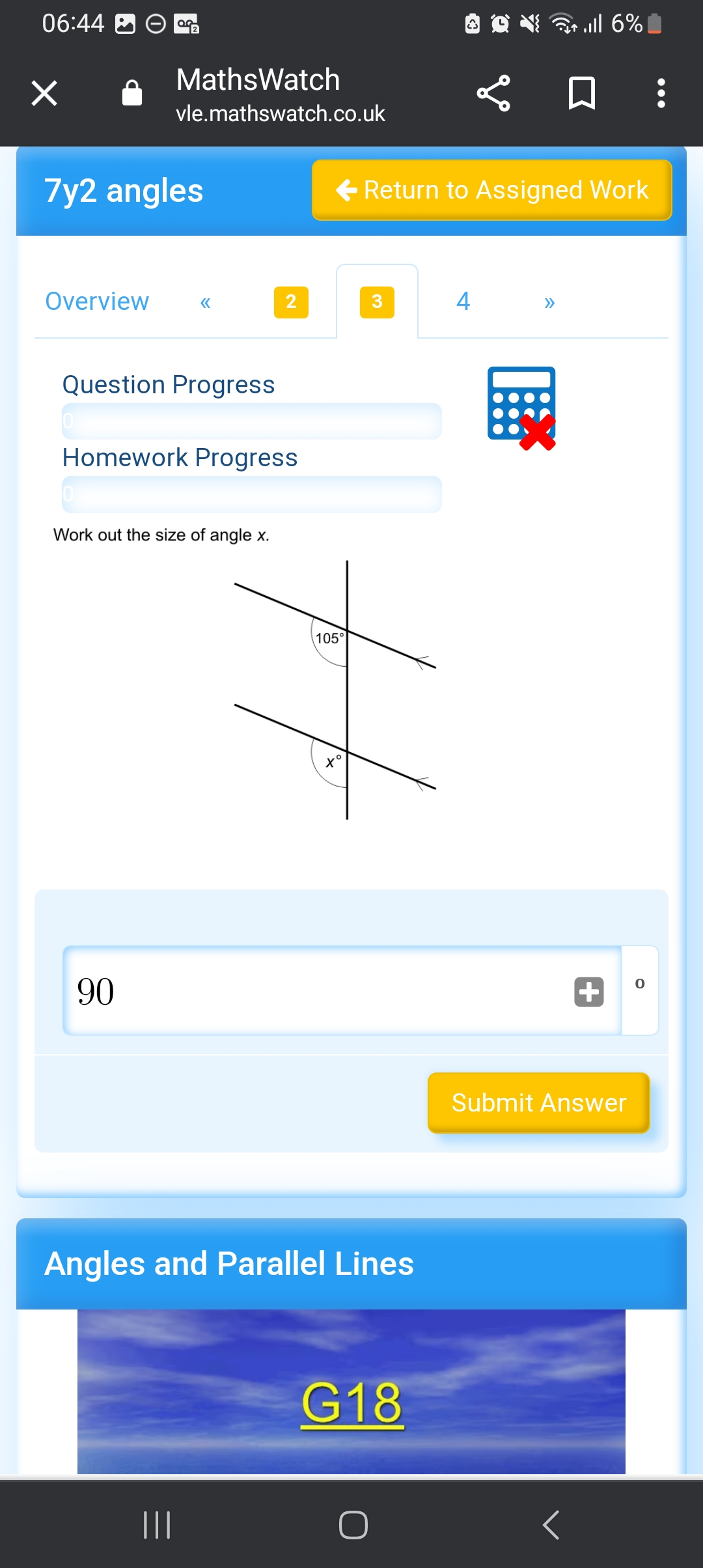 06:44 ⊙ ? (1) a MathsWatch vle.mathswatch.co.uk ∞ : 7 y 2 angles & Return to Assigned Work ...