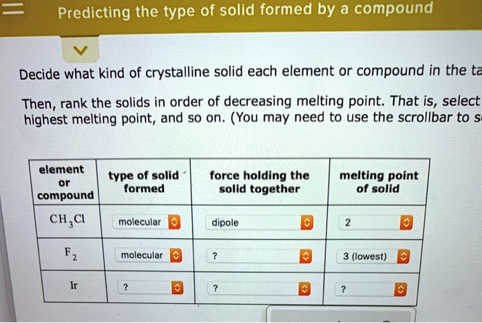 SOLVED: Predicting the type of solid formed by a compound Decide what ...
