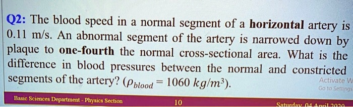 SOLVED: The blood speed in a normal segment of a horizontal artery is 0 ...