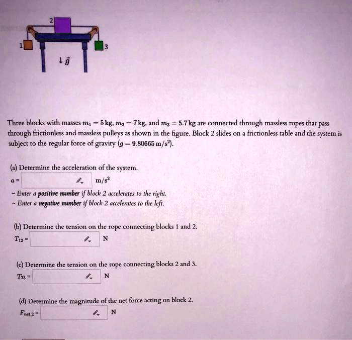 three blocks with masses mj 5kg m2 7kg and mg 57kg are connected through massless ropes thar ...