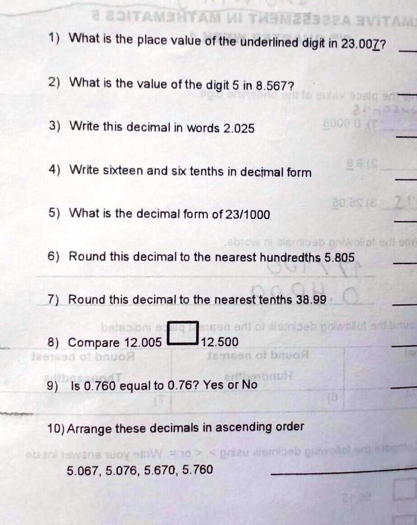 1) What is the place value of the underlined digit in 23.007? 2) What ...
