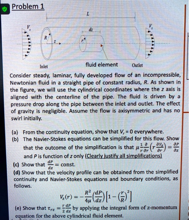 Problem 1 V R Inlet Z L dz fluid element Outlet V Consider steady, laminar, fully developed flow ...