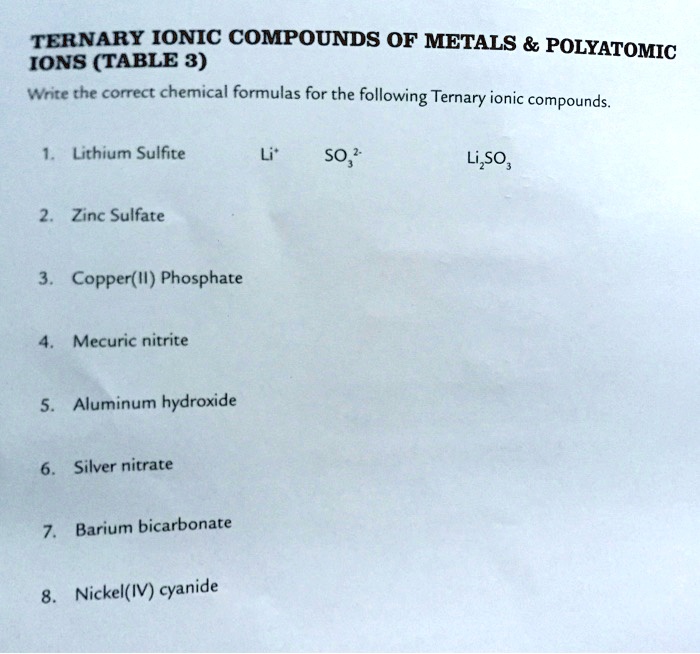 SOLVED: TERNARY IONIC COMPOUNDS OF METALS POLYATOMIC IONS (TABLE 3) Wnte the correct chemical ...