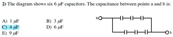 SOLVED: 2) The diagram shows six 6 LF capacitors The capacitance ...