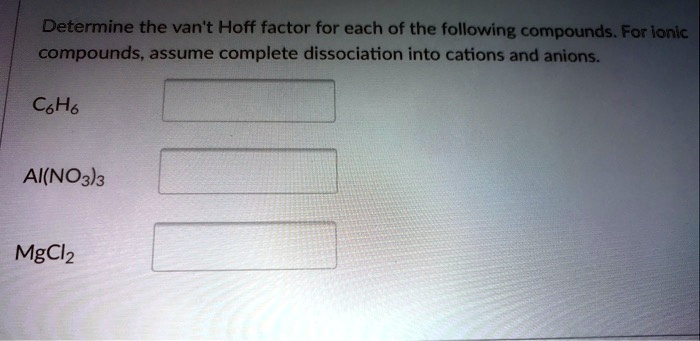 SOLVED: Determine the vant Hoff factor for each of the following compounds: For ionic compounds ...