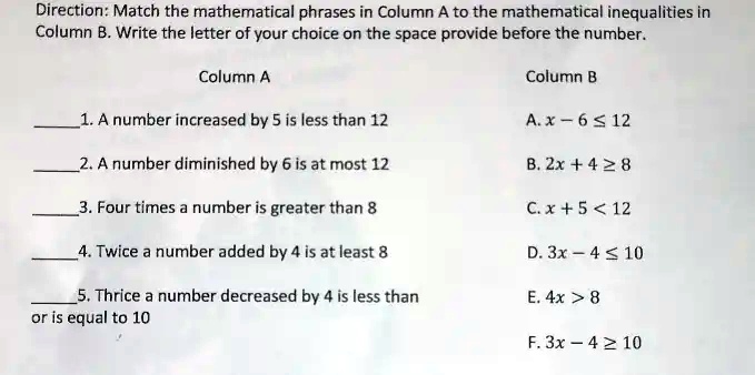 SOLVED: Direction: Match the mathematical phrases in Column A to the ...