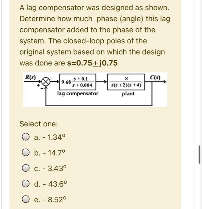 A lag compensator was designed as shown. Determine how much phase ...