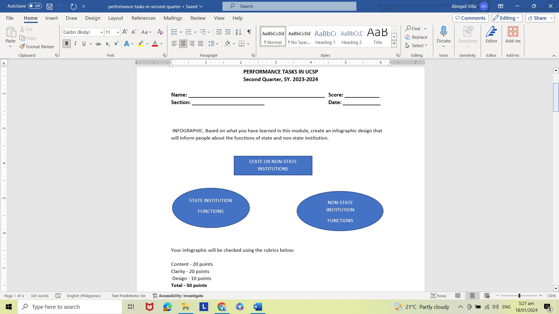 SOLVED: PERFORMANCE TASKS IN UCSP Second Quarter, SY. 2023-2024 Name ...