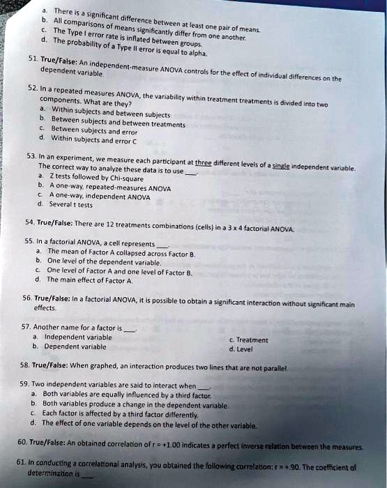 SOLVED: Texts: a. There is a significant difference between at least one pair of means. c. The ...