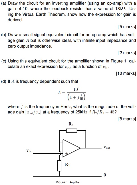 Draw the circuit for an inverting amplifier (using an op-amp) with a gain of 10, where the ...