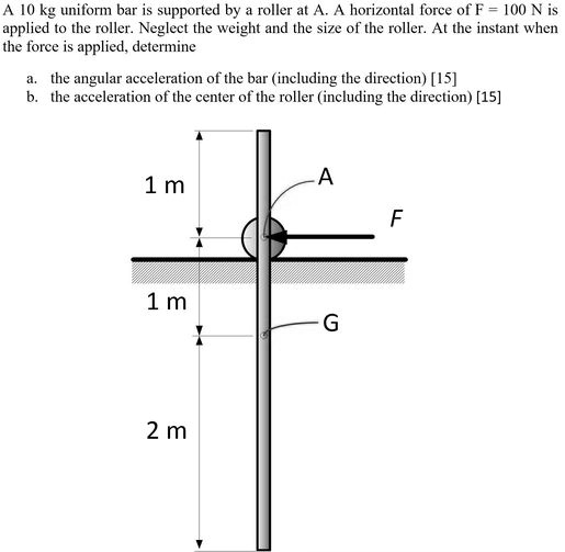 SOLVED: A 10 kg uniform bar is supported by a roller at A. A horizontal force of 100 N is ...