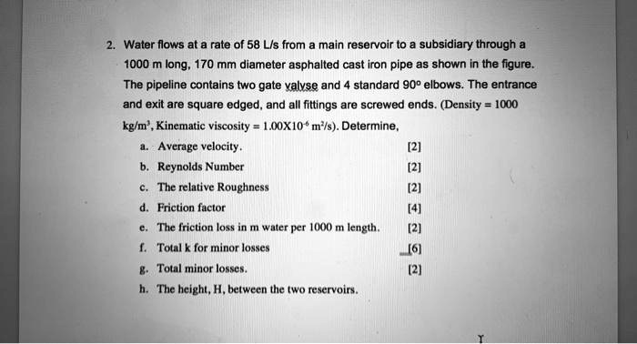 2 water flows at a rate of 58 ls from a main reservoir to a subsidiary ...