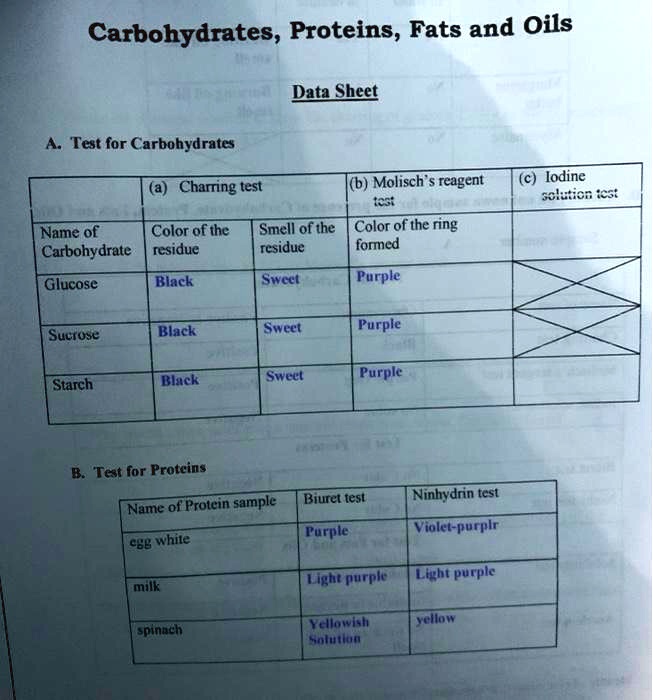 SOLVED: Carbohydrates, Proteins, Fats and Oils Data Sheet Test for ...