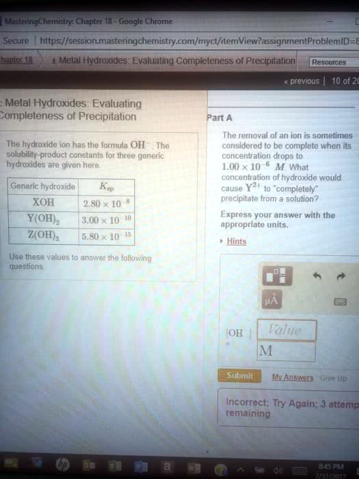 SOLVED: ' The hydroxide ion has the formula OH^-. The solubility-product constants for three ...
