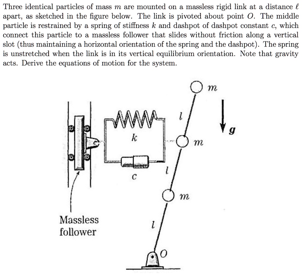 Three identical particles of mass m are mounted on a massless rigid ...